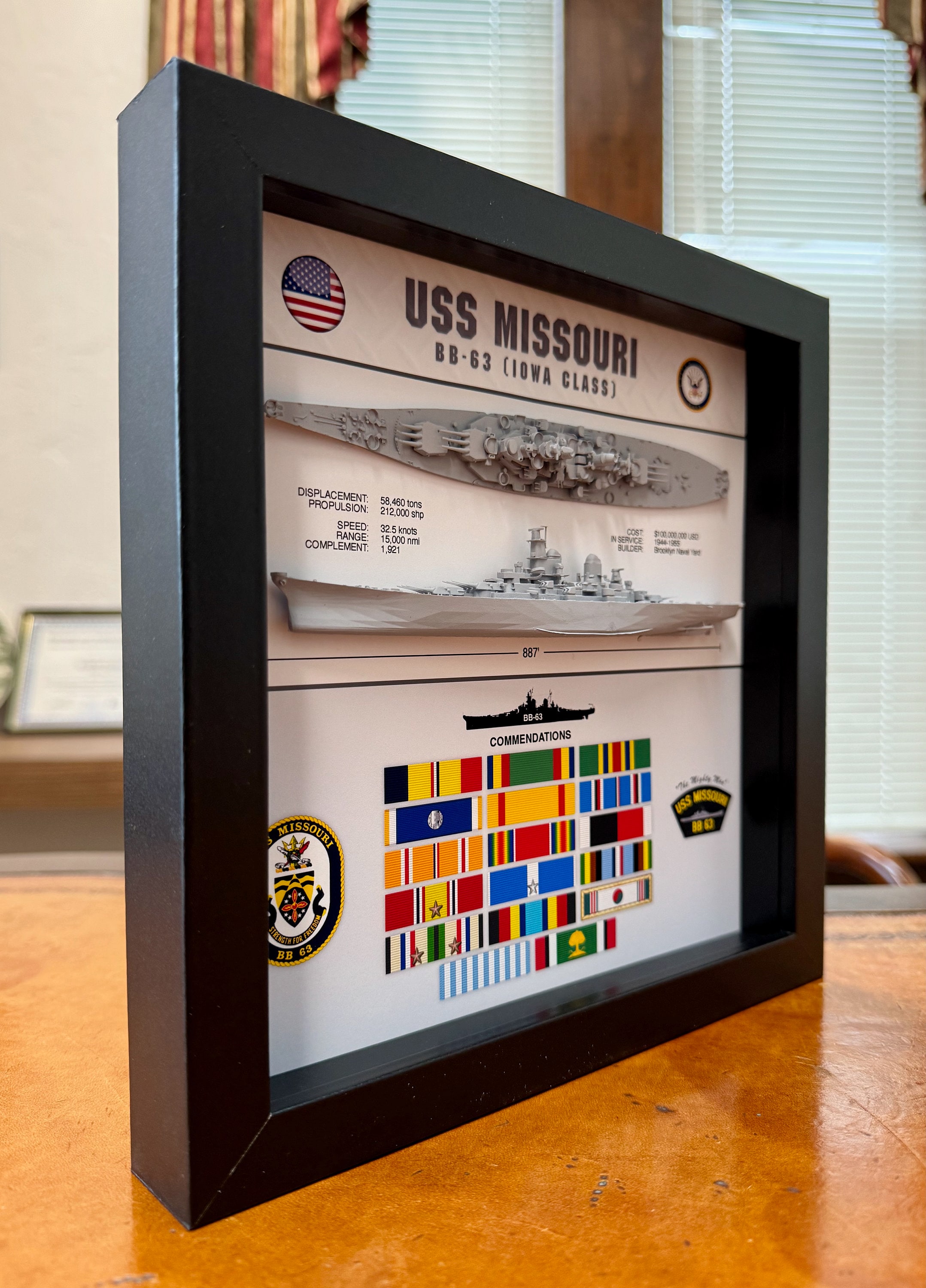 USS Missouri Battleship Display Shadow Box, BB-63, Iowa Class, WW2, 9 X ...