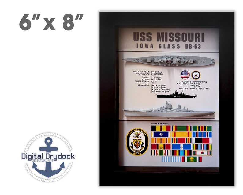 USS Missouri Memorial Display Shadow Box, BB-63, WW2, 6 X 8, Iowa Class ...