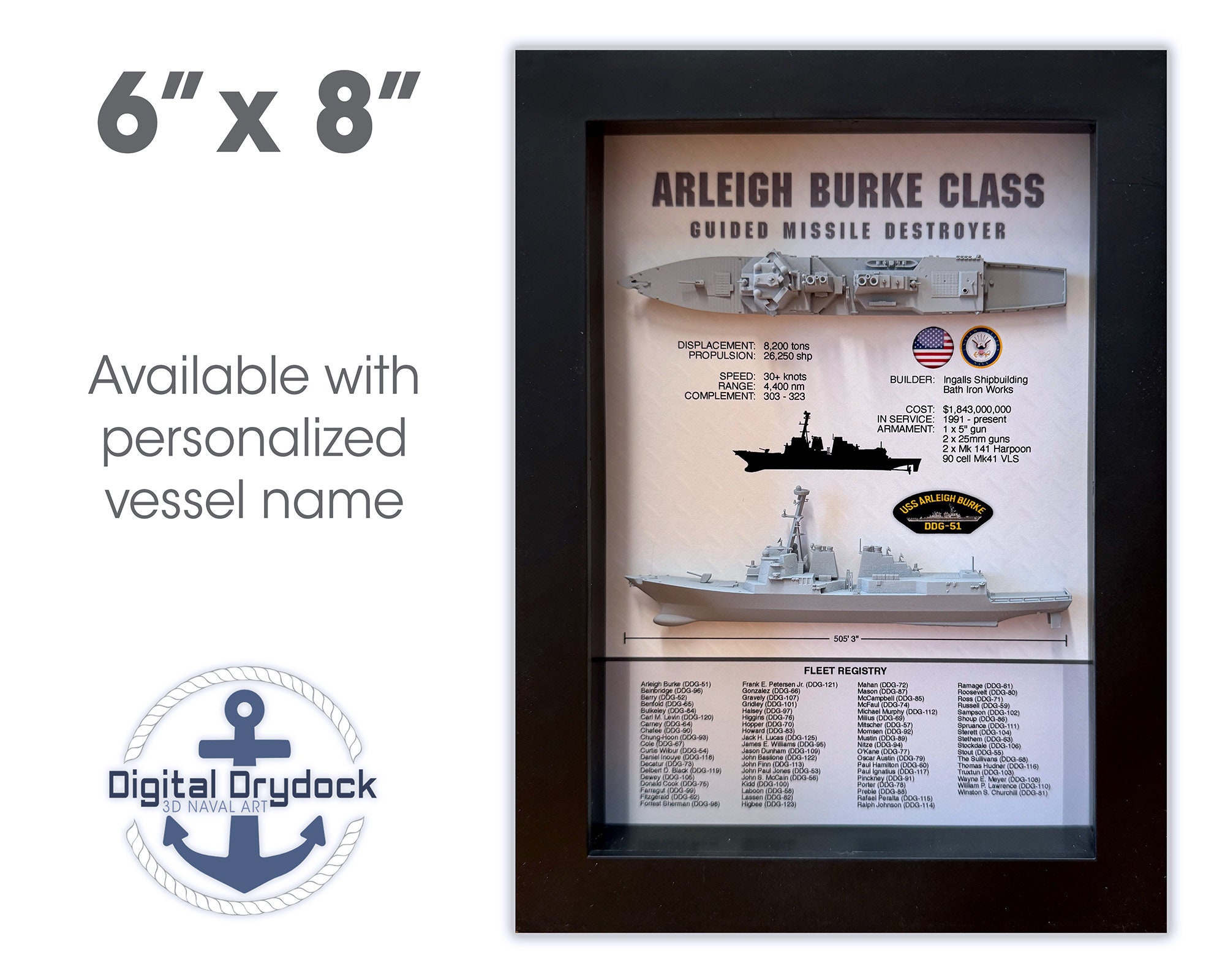 Arleigh Burke Class Destroyer Memorial Display Shadow Box, 5.75" X 7.75 ...