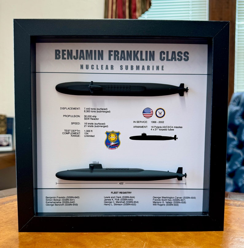 Benjamin Franklin Class, Submarine Memorial Display Shadow Box, 9" X 9 ...