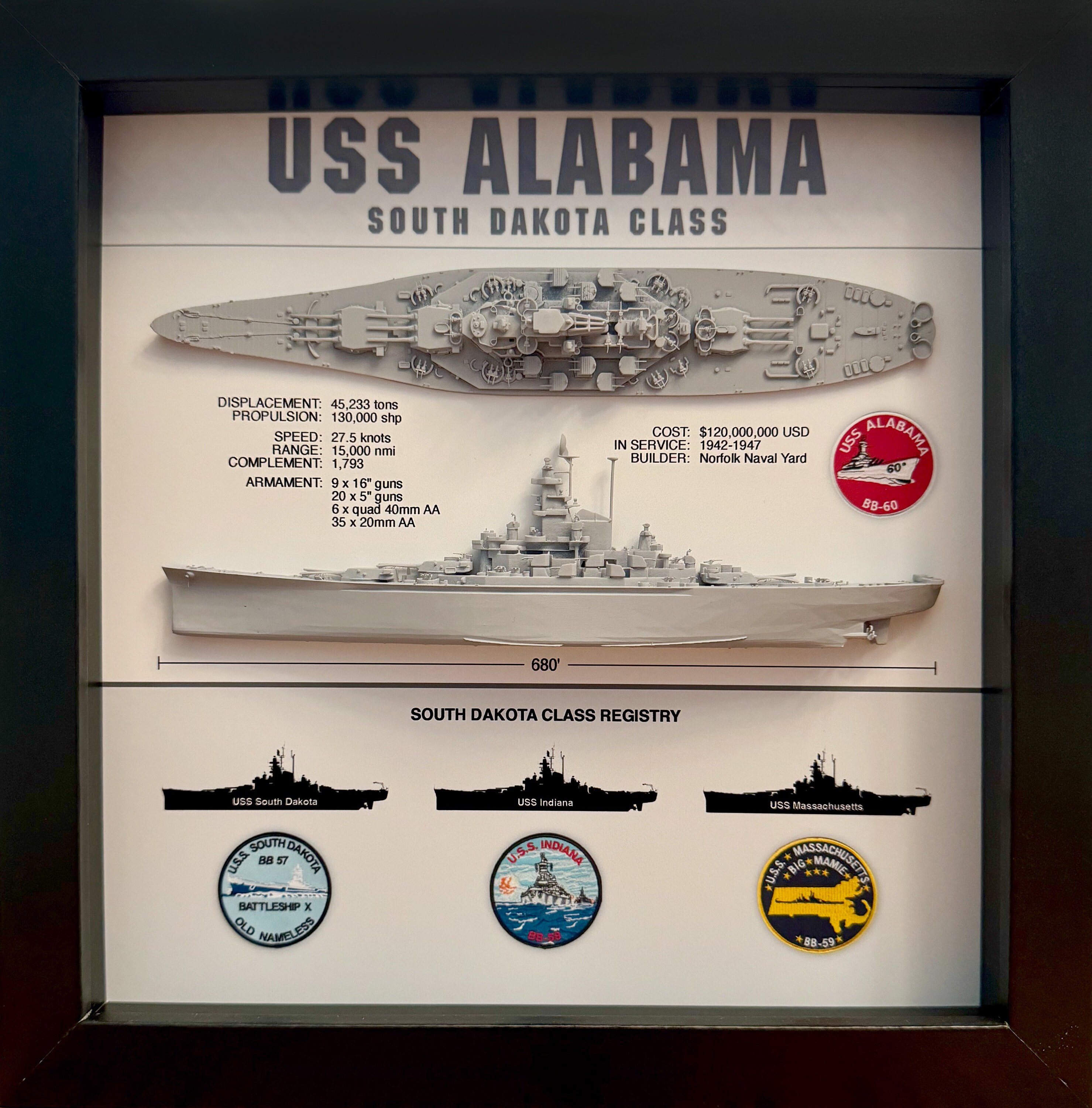 USS Alabama Battleship Display Shadow Box, BB-60, South Dakota Class ...