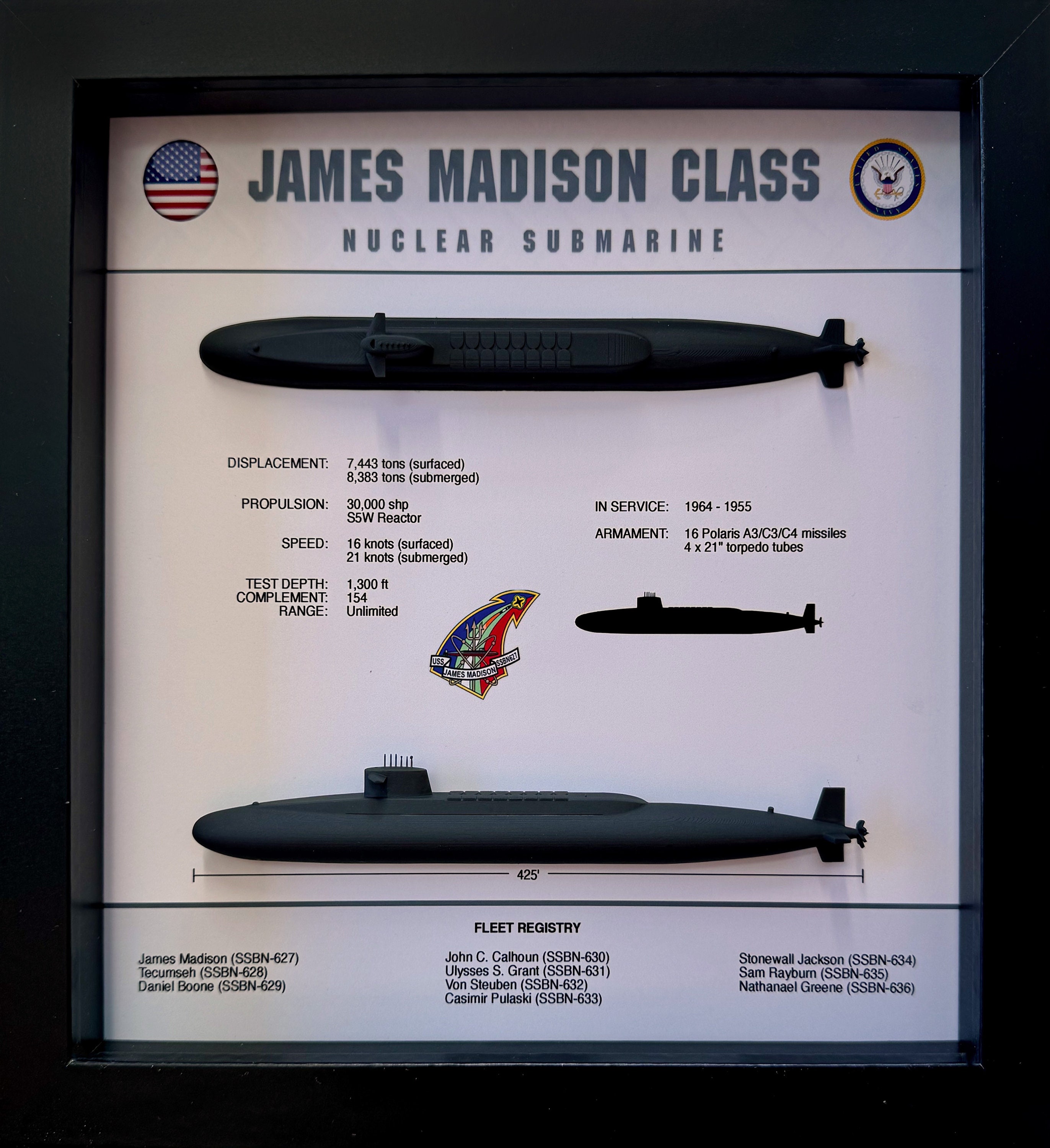 James Madison Class, Submarine Memorial Display Shadow Box, 9" X 9 ...