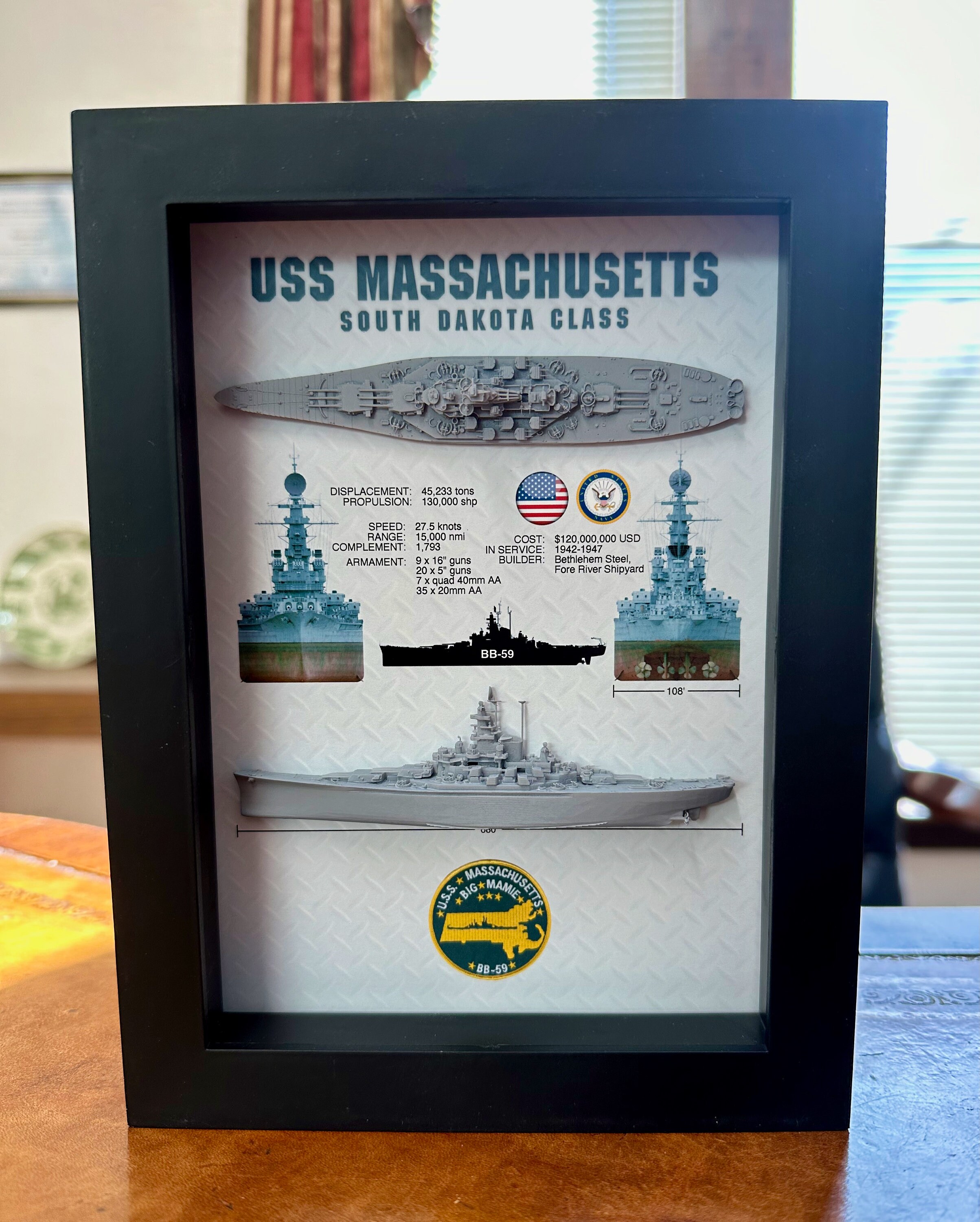 USS Massachusetts Memorial Display Shadow Box, BB-59, WW2, 6 X 8, South ...