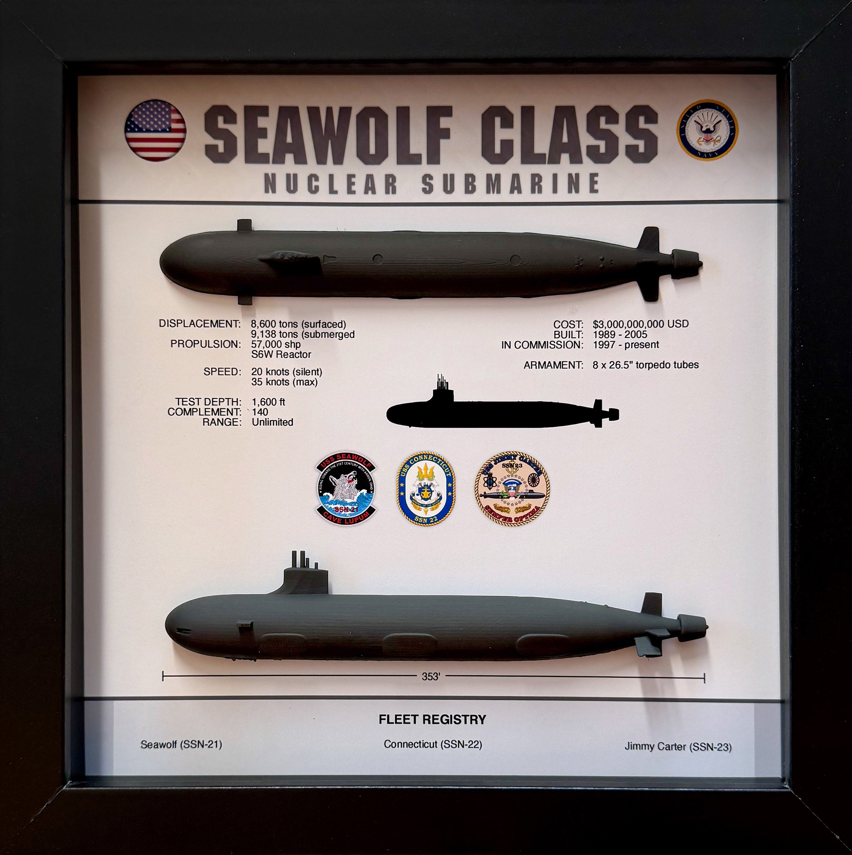 Seawolf Class Submarine Memorial Display Shadow Box, 9" X 9", Black - Etsy