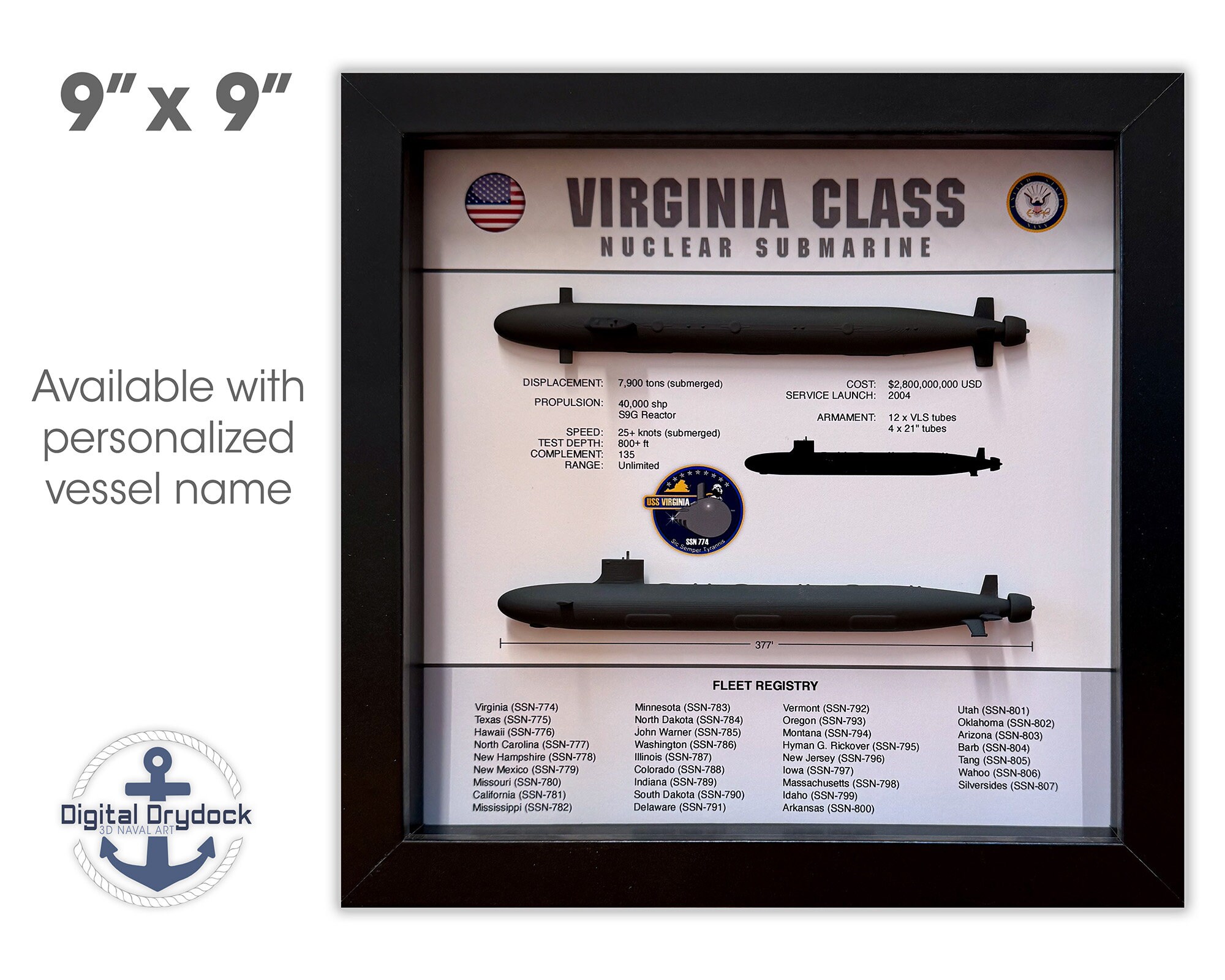 Virginia Class Submarine Memorial Display Shadow Box, SSN-774, 9 X 9 ...