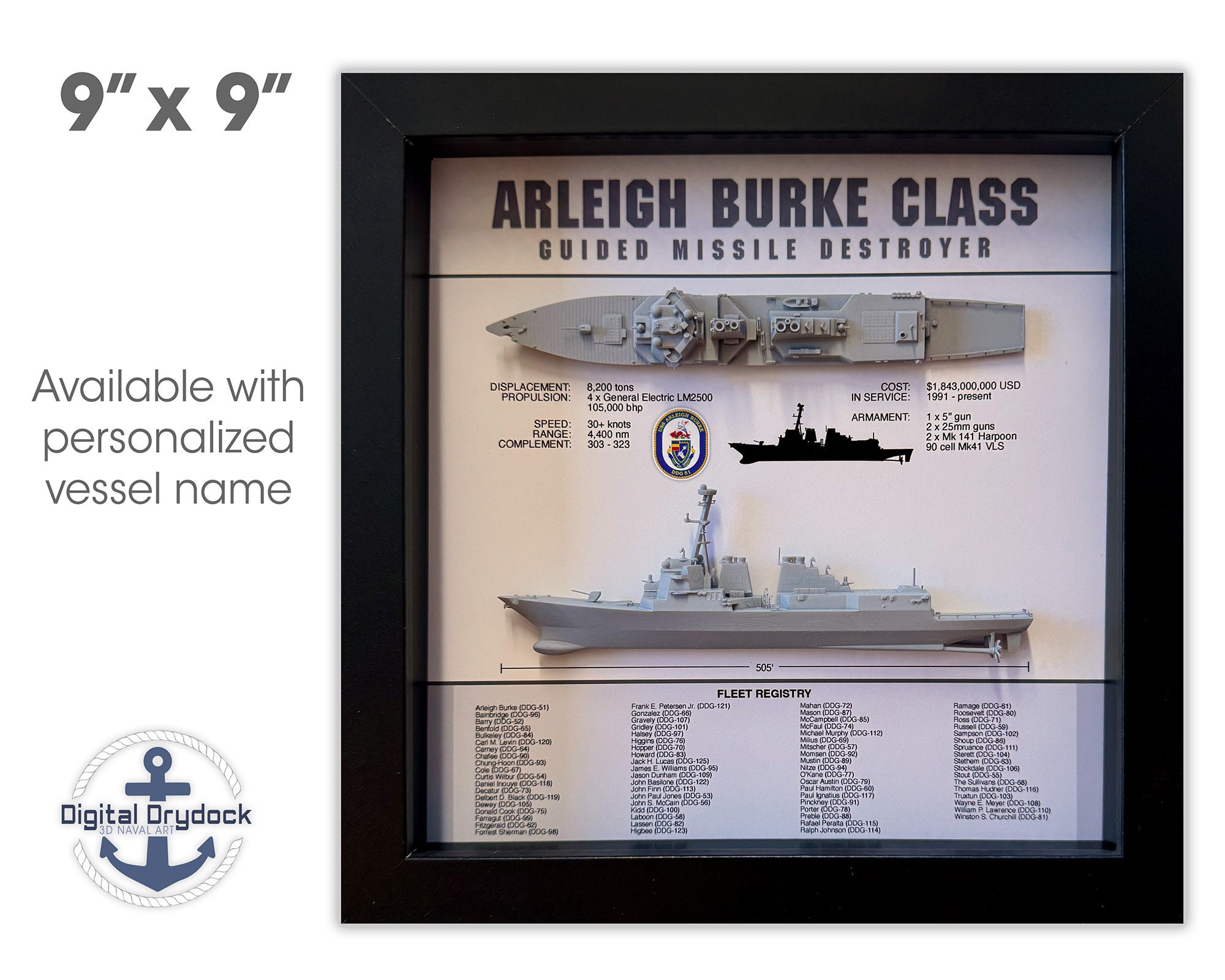 Arleigh Burke Class Destroyer Memorial Display Shadow Box, 9" X 9 ...