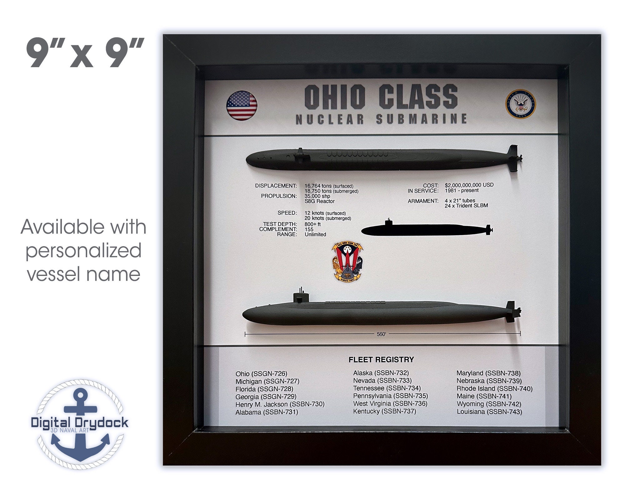 Ohio Class Submarine Memorial Display Shadow Box, 9" X 9", Large, Black ...