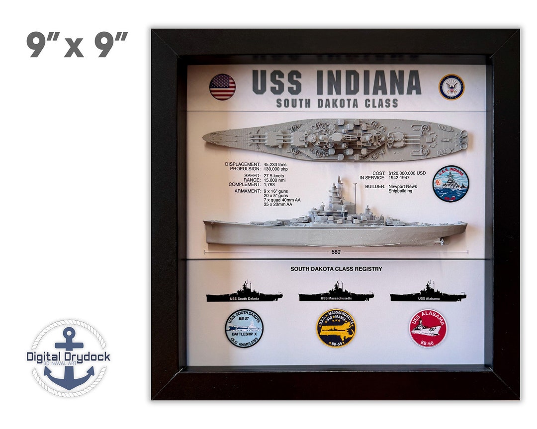 USS Indiana Battleship Display Shadow Box, BB-58, South Dakota Class ...