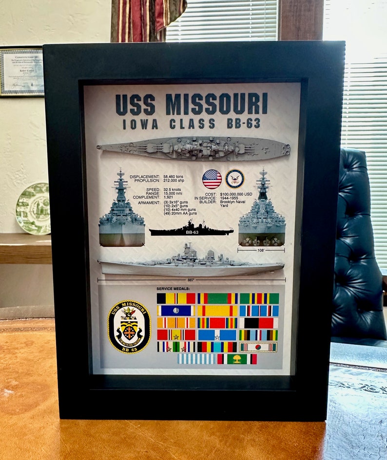 USS Missouri Memorial Display Shadow Box, BB-63, WW2, 6 X 8, Iowa Class ...