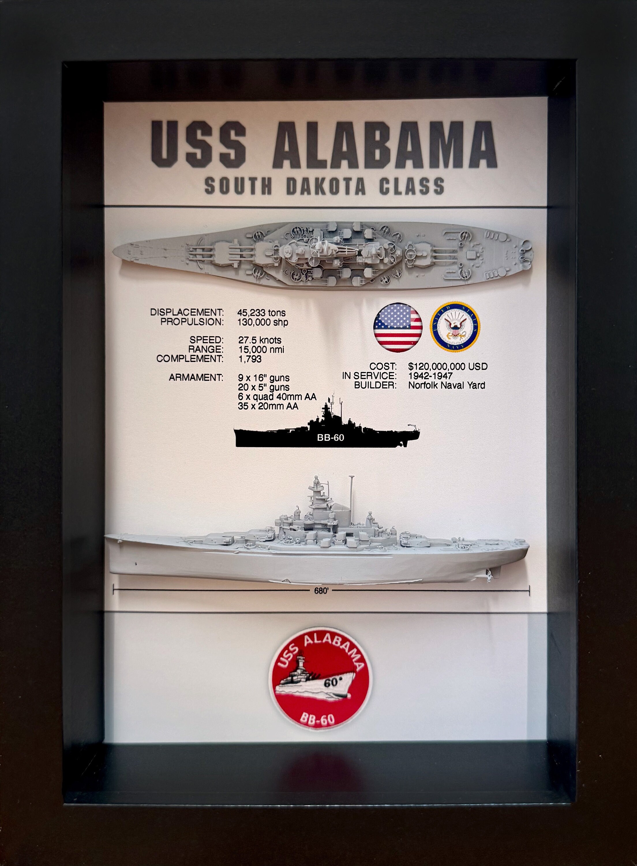 USS Alabama Memorial Display Shadow Box, BB-60, WW2, 6 X 8, South ...
