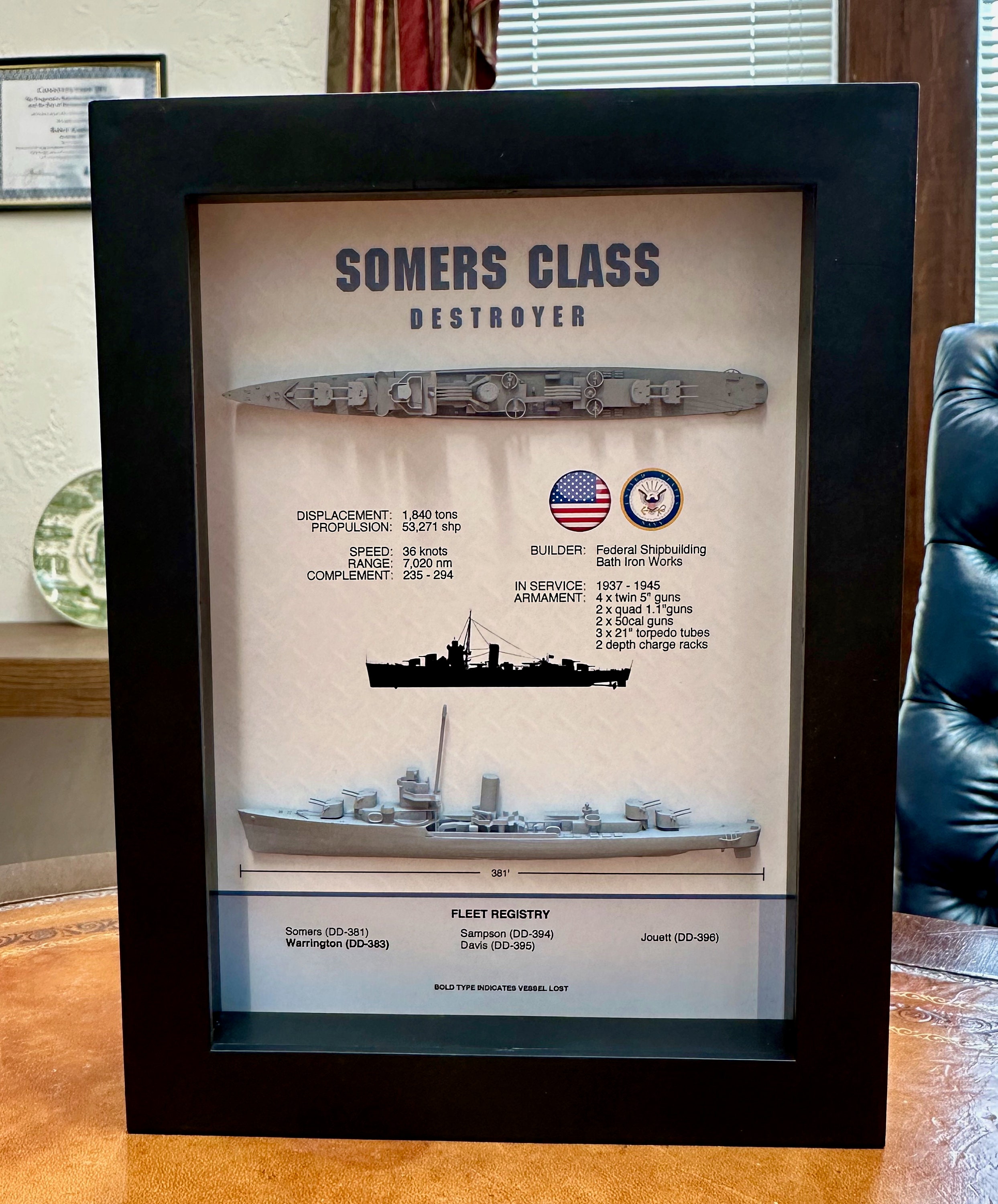 Somers Class Destroyer Memorial Display Shadow Box, WW2, 6" X 8", Black ...