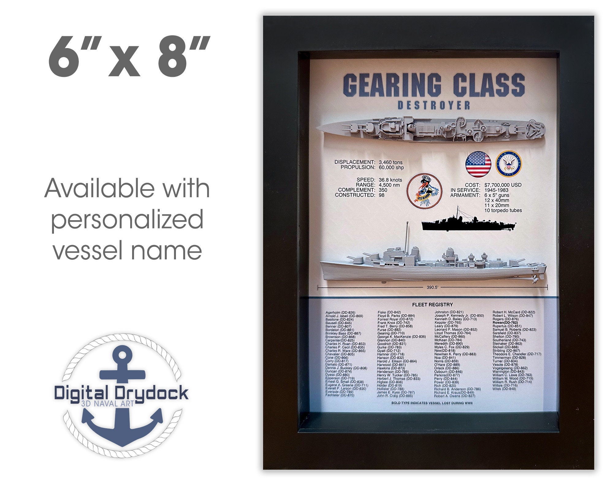 Gearing Class Destroyer Memorial Display Shadow Box, WW2, 6 X 8, Black ...