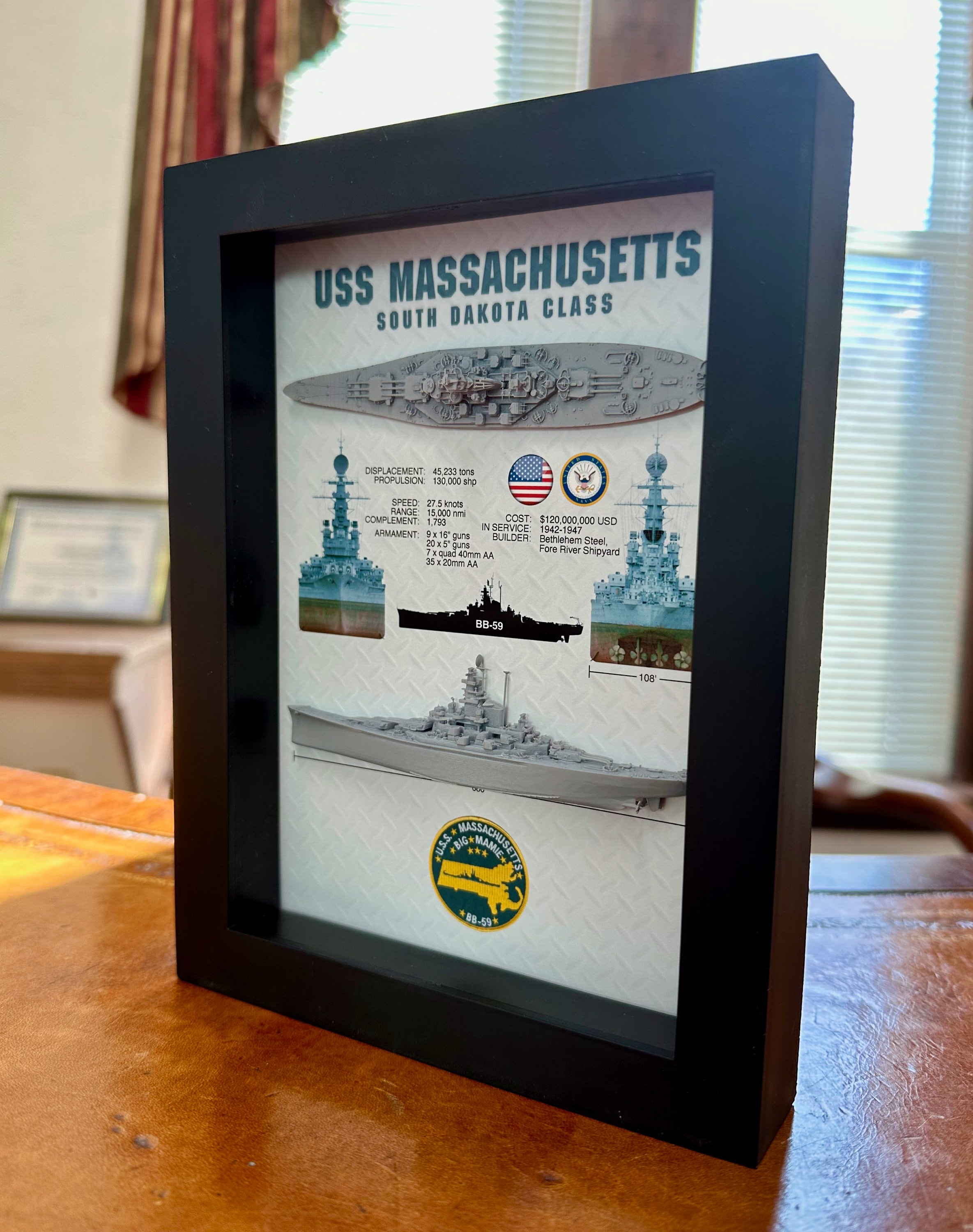 USS Massachusetts Memorial Display Shadow Box, BB-59, WW2, 6 X 8, South ...