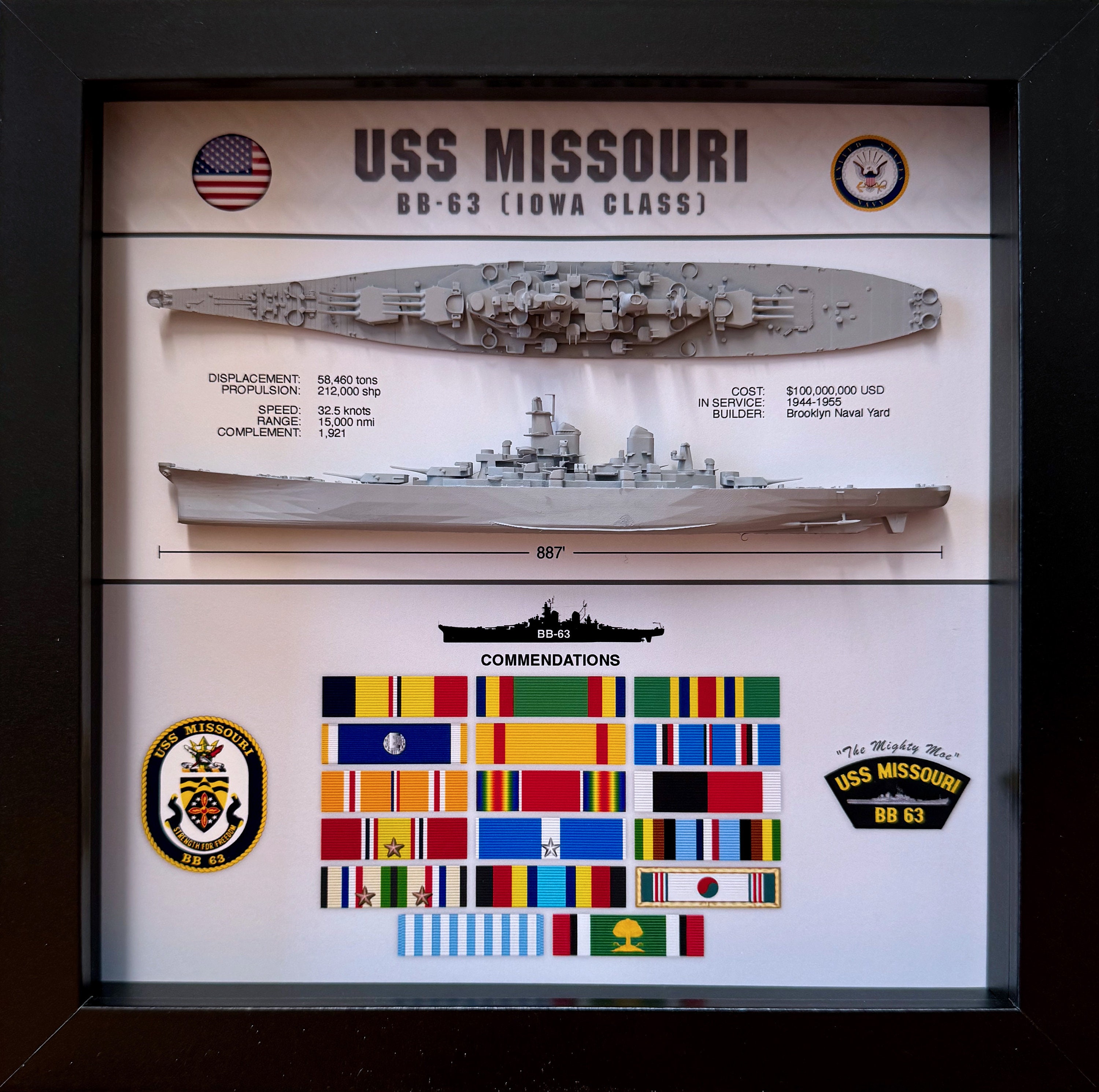 USS Missouri Battleship Display Shadow Box, BB-63, Iowa Class, WW2, 9 X ...
