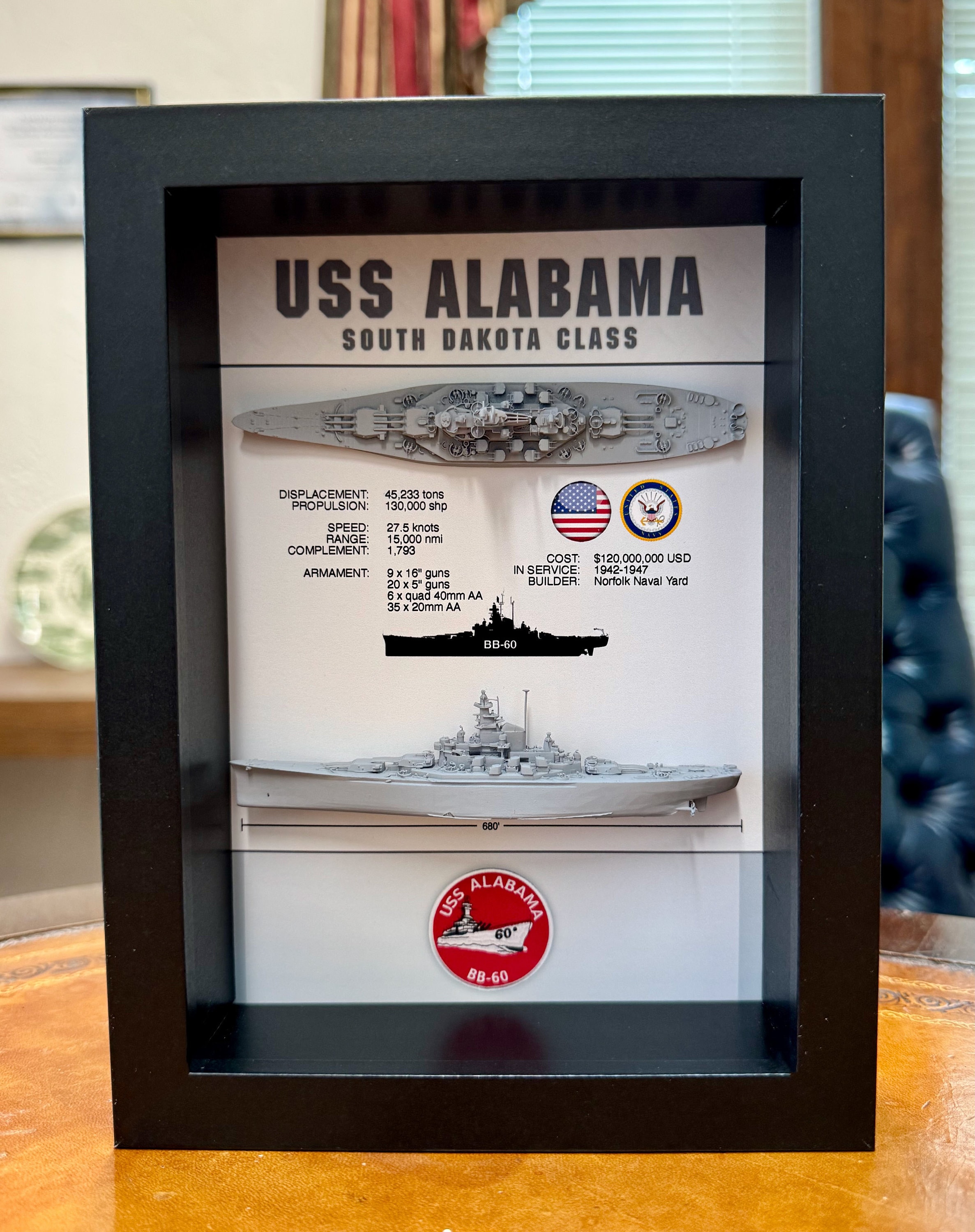USS Alabama Memorial Display Shadow Box, BB-60, WW2, 6 X 8, South ...