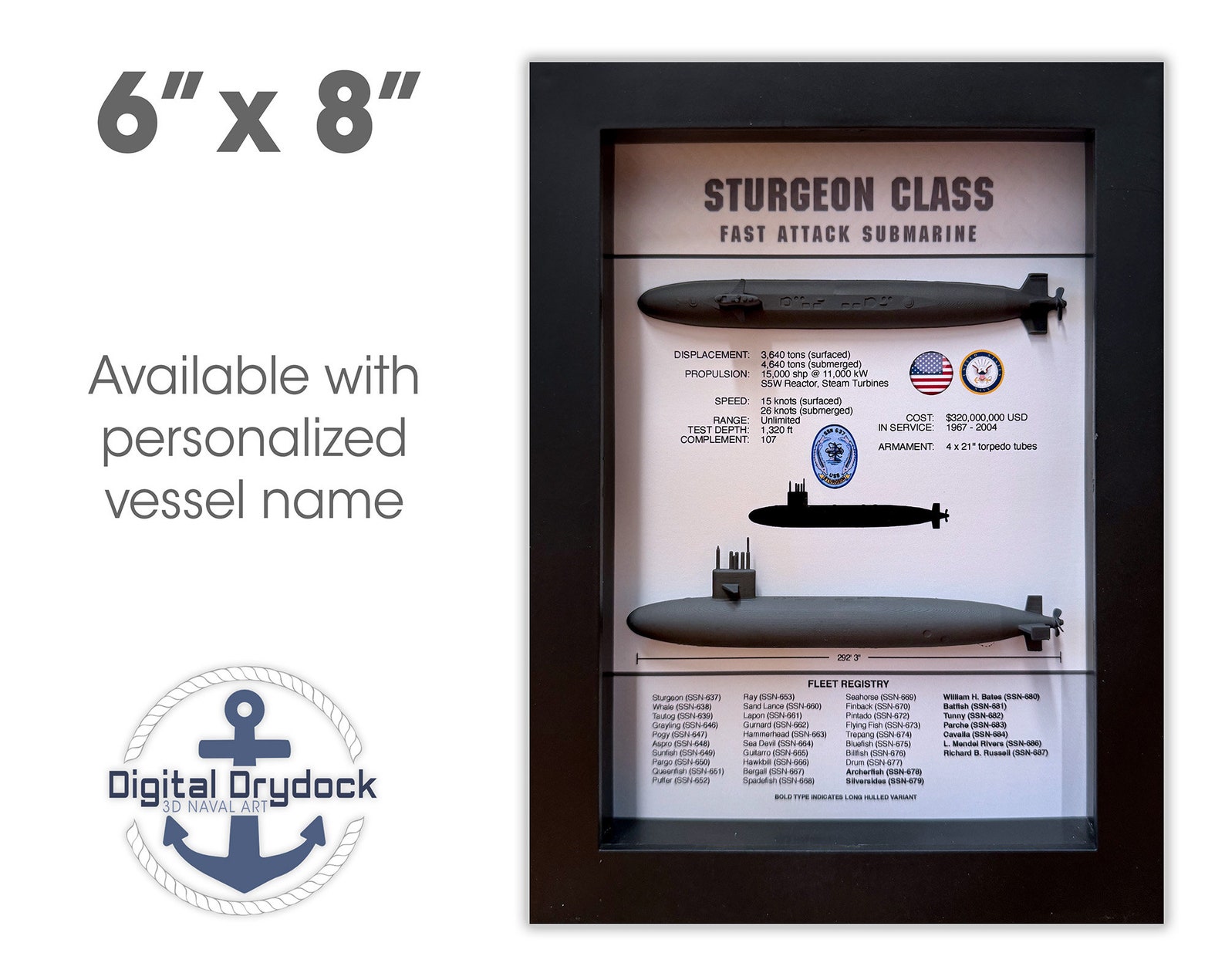 Sturgeon Class Submarine Memorial Display Shadow Box, 6" X 8", Black - Etsy