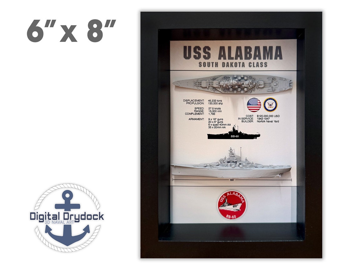 USS Alabama Memorial Display Shadow Box, BB-60, WW2, 6 X 8, South ...
