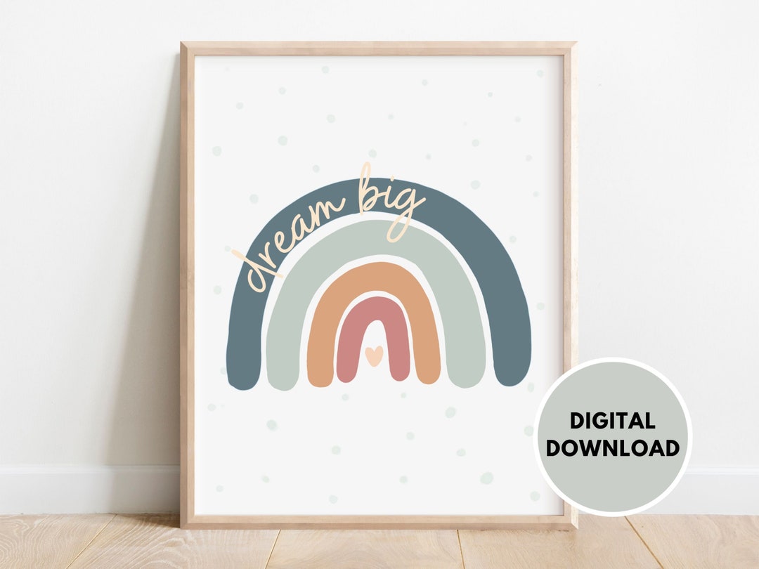 Dream Big Rainbow, Boho Printable Nursery Art, Blue Playroom Art, Boho ...