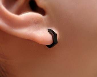 Hexagon Earrings Bee Earrings Geometric Earrings Black Huggie Earrings ...