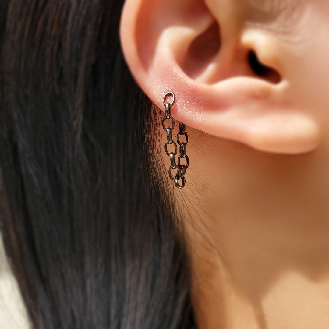 Chain Drop Earrings - Chain Earrings Silver - Black Earrings ...