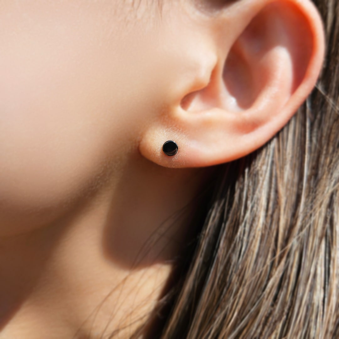 Circle Earrings - Black Stud Earrings - Silver Earrings - Cartilage ...