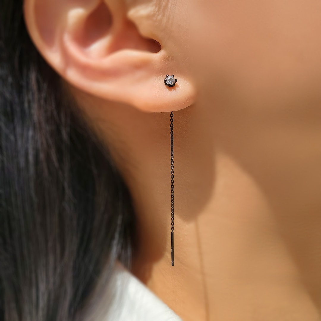 Chain Threader Earrings - Black Chain Earrings - Silver Cz Earrings ...