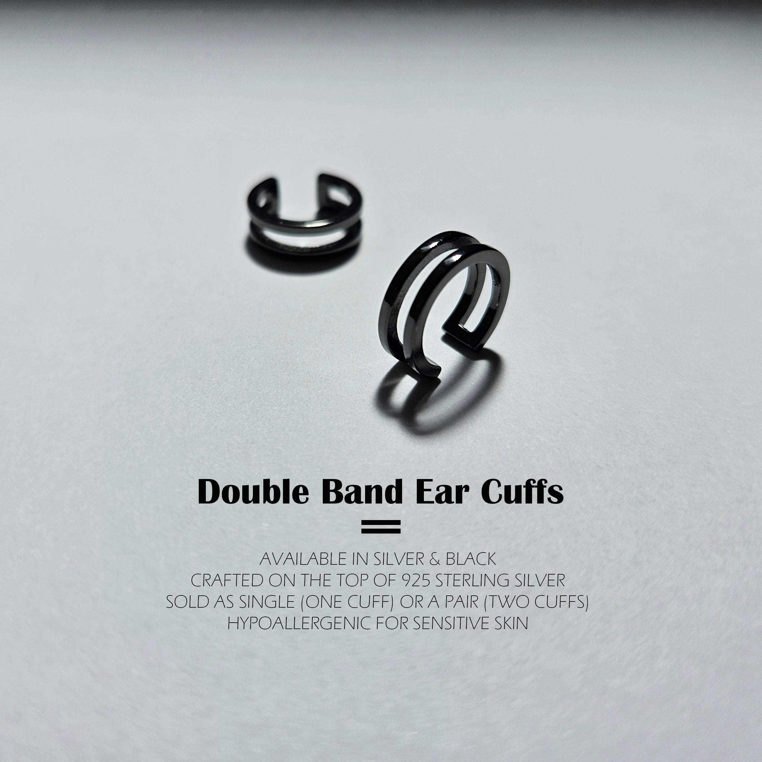 Double Ear Cuff - Black Ear Cuff - Silver Earrings - Minimalist ...