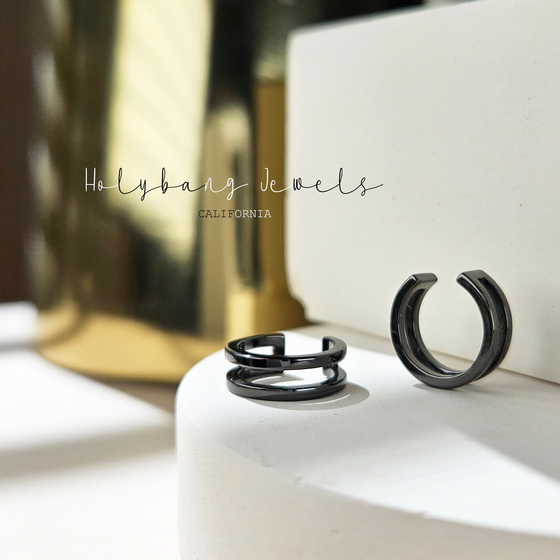 Double Ear Cuff - Black Ear Cuff - Silver Earrings - Minimalist ...