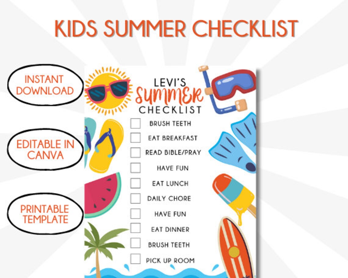 Editable Kids Summer Checklist, Daily Tasks, Personalize in Canva ...