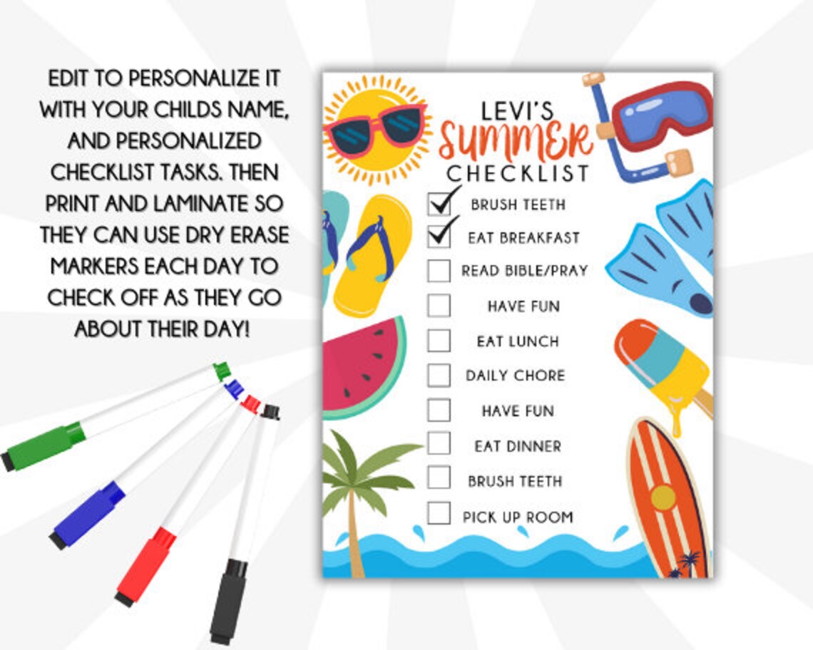 Editable Kids Summer Checklist, Daily Tasks, Personalize in Canva ...