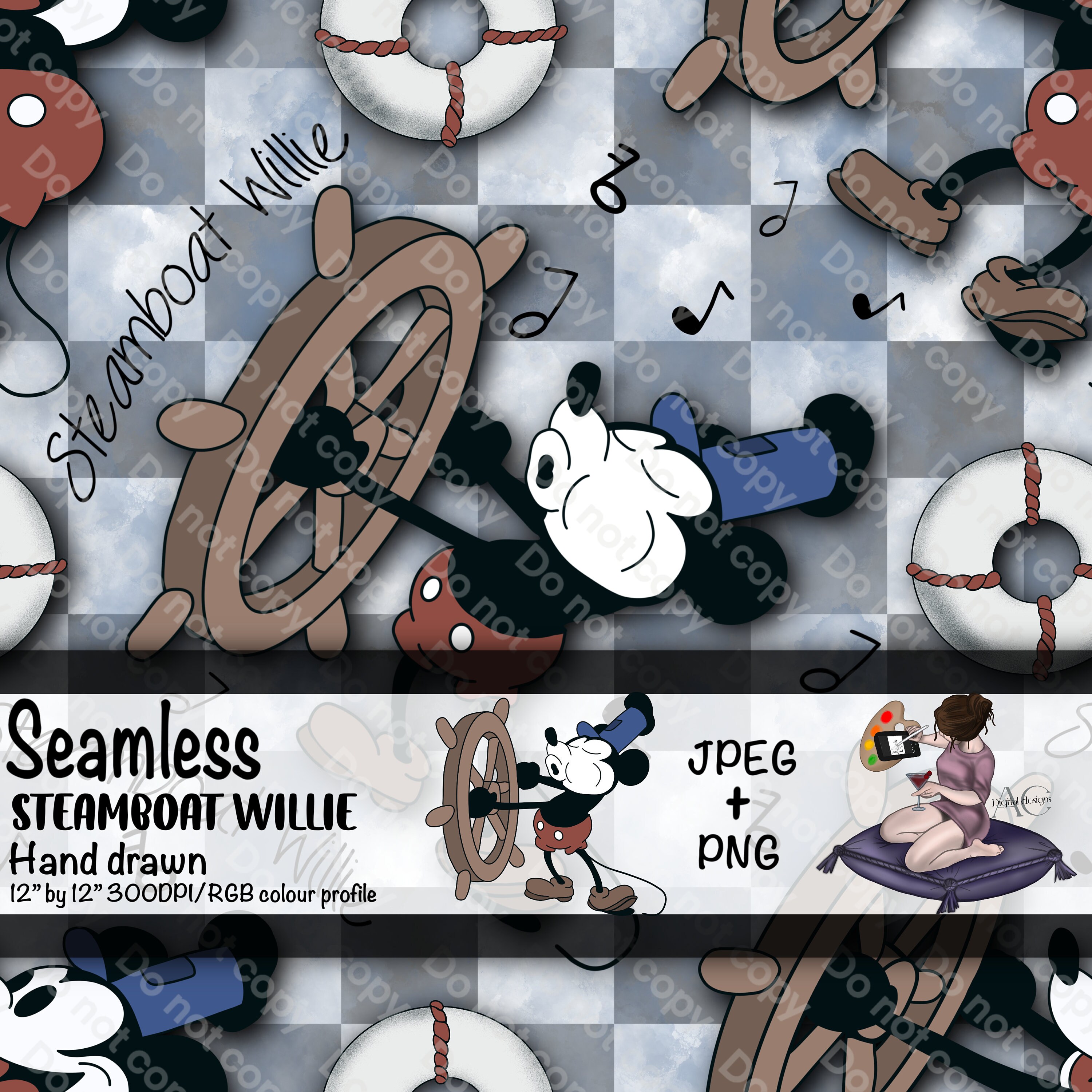 Steamboat Willie Seamless Pattern, Tumbler Wrap, Repeating Pattern ...