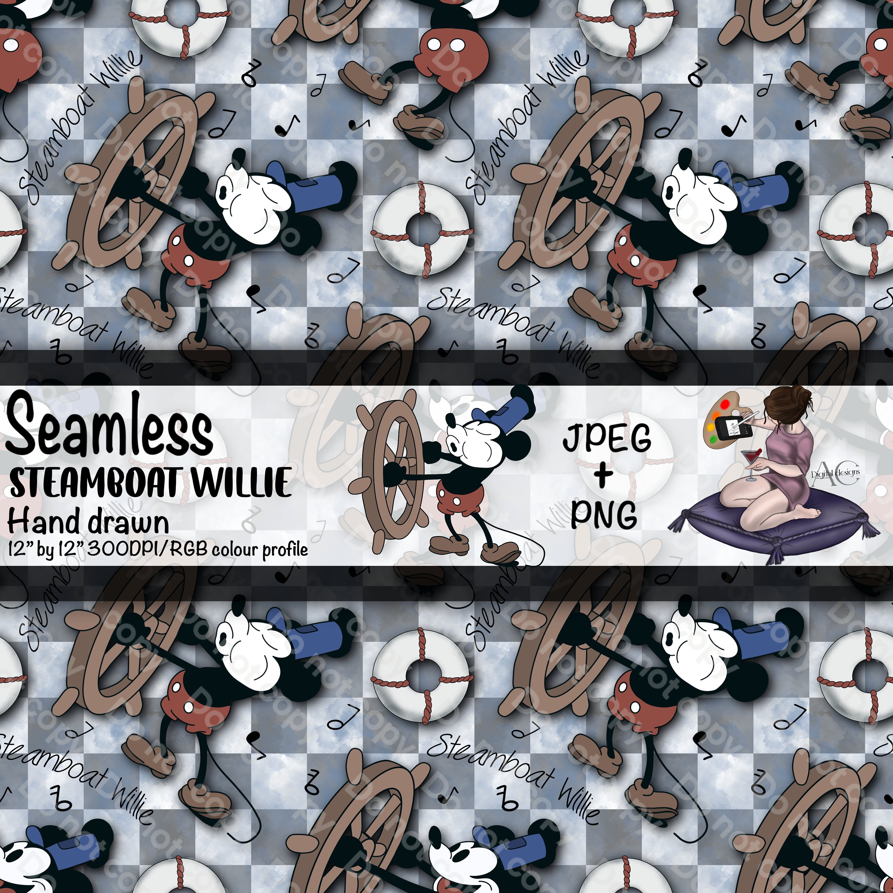 Steamboat Willie Seamless Pattern, Tumbler Wrap, Repeating Pattern ...