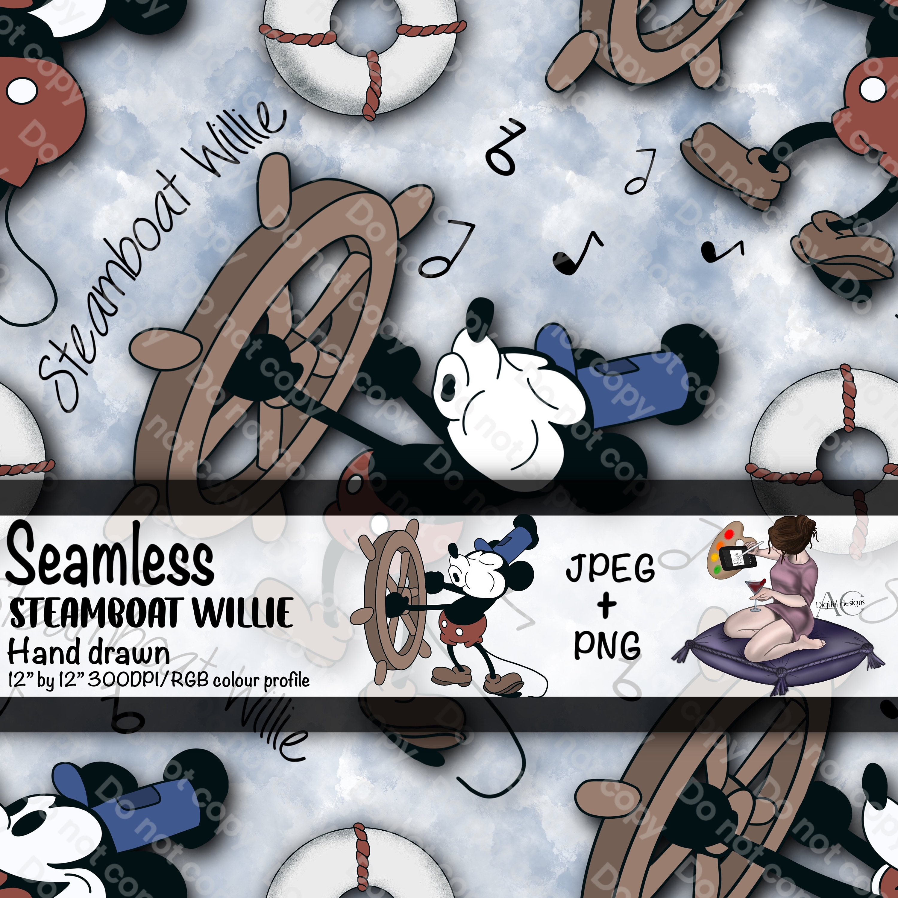 Steamboat Willie Seamless Pattern, Tumbler Wrap, Repeating Pattern ...