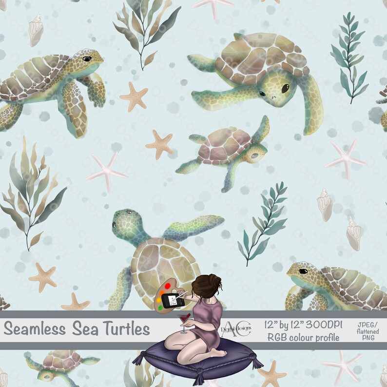 Seamless Ocean Sea Turtles Pattern, Water Colour, Digital Art, Repeat ...