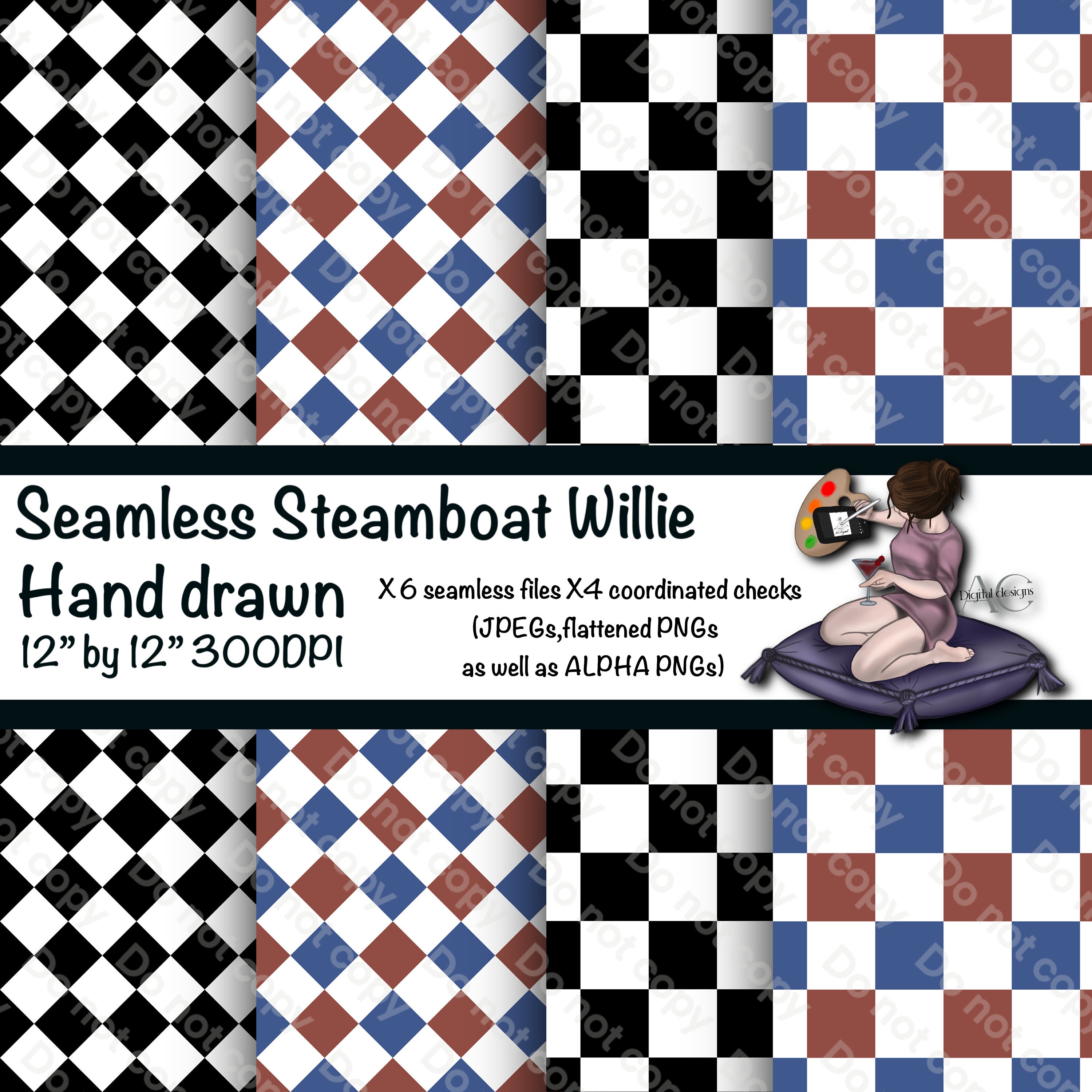 Steamboat Willie Hand Drawn Seamless Pattern, Tiles, Tumbler Wrap ...