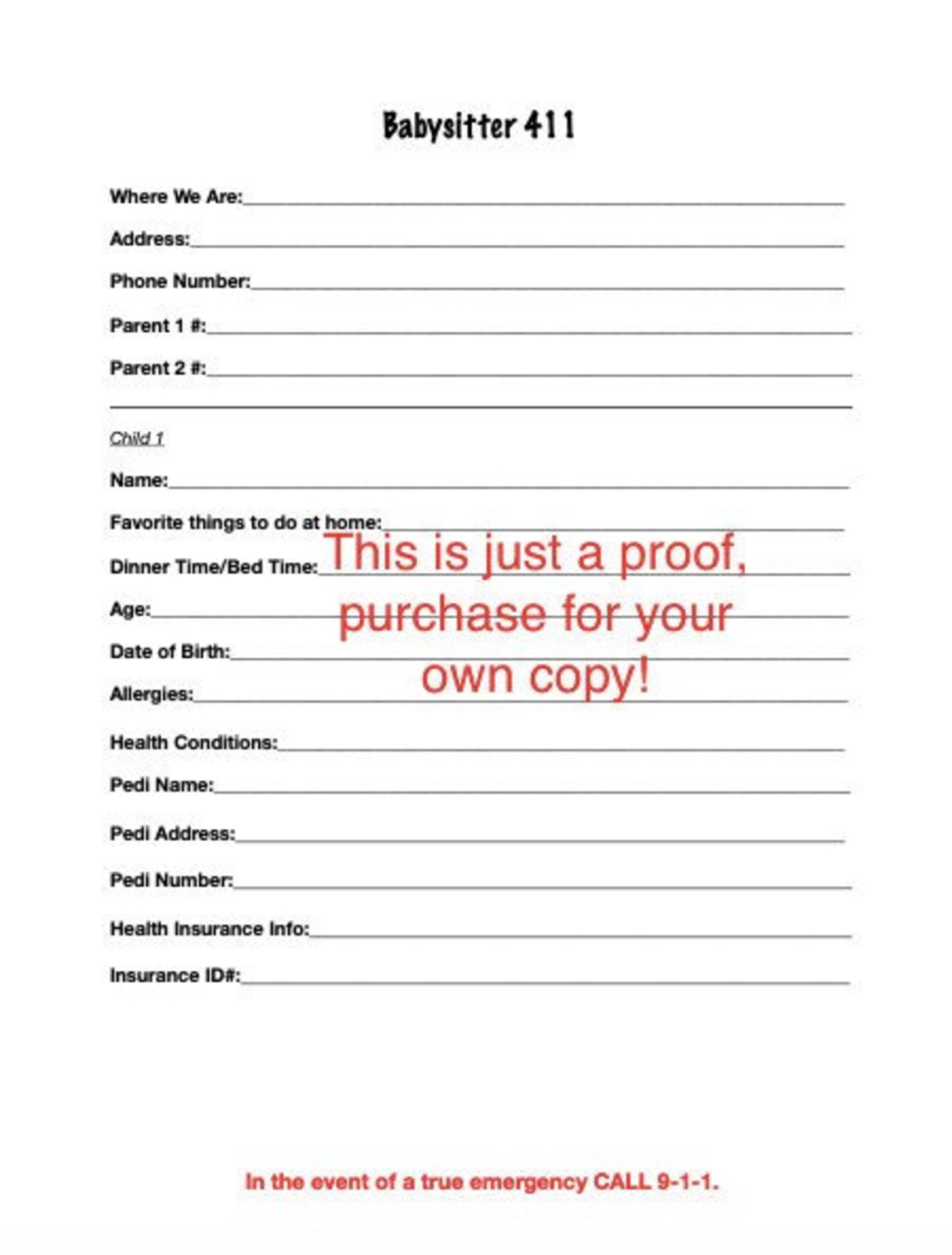 Babysitter 411 Info Sheet-one Childpdf File - Etsy