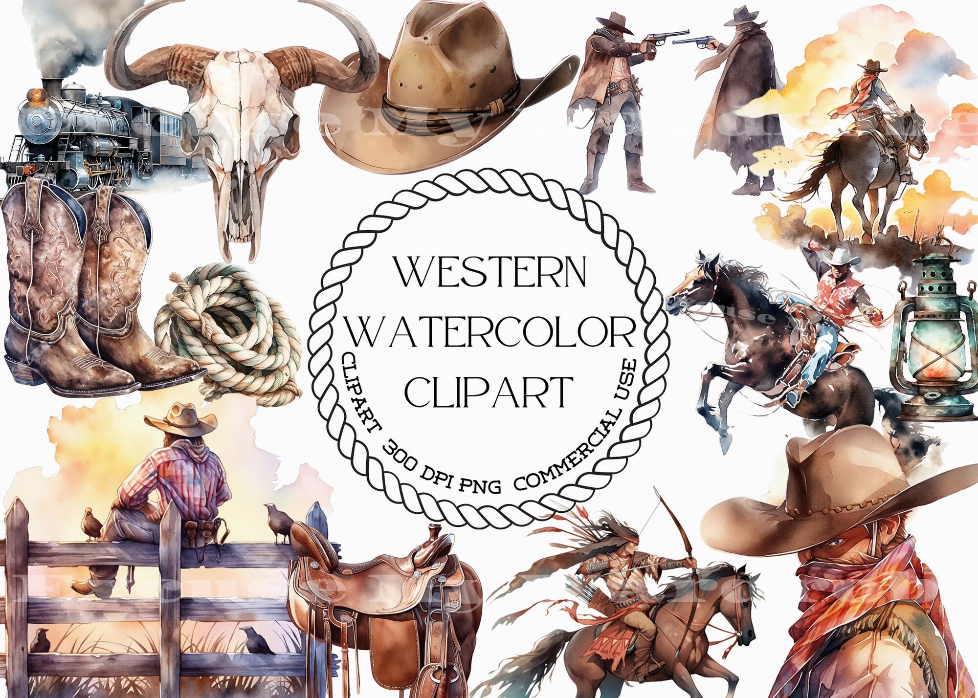 Western Watercolor Clipart PNG Format Instant Download for Commercial ...