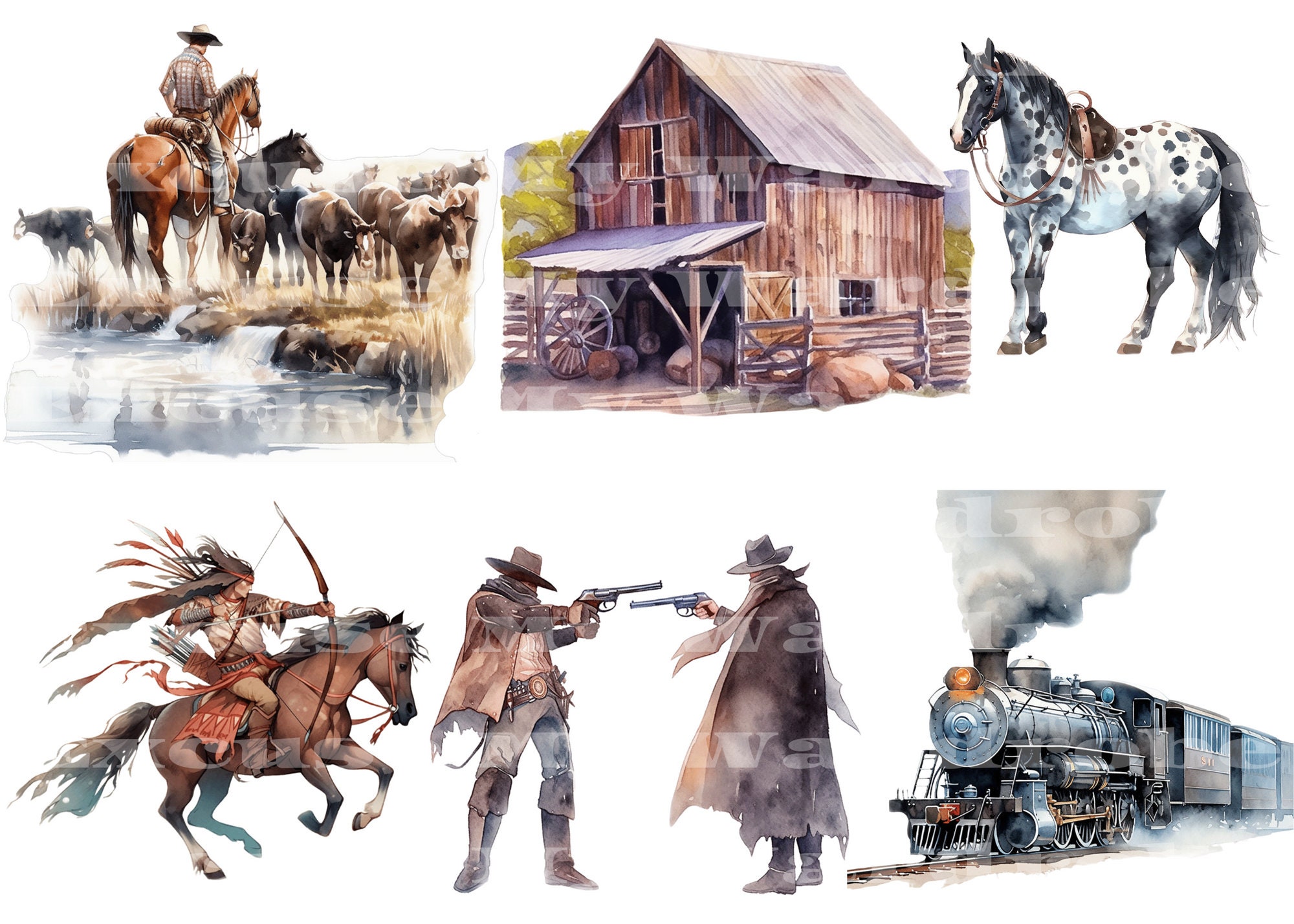 Western Watercolor Clipart PNG Format Instant Download for Commercial ...