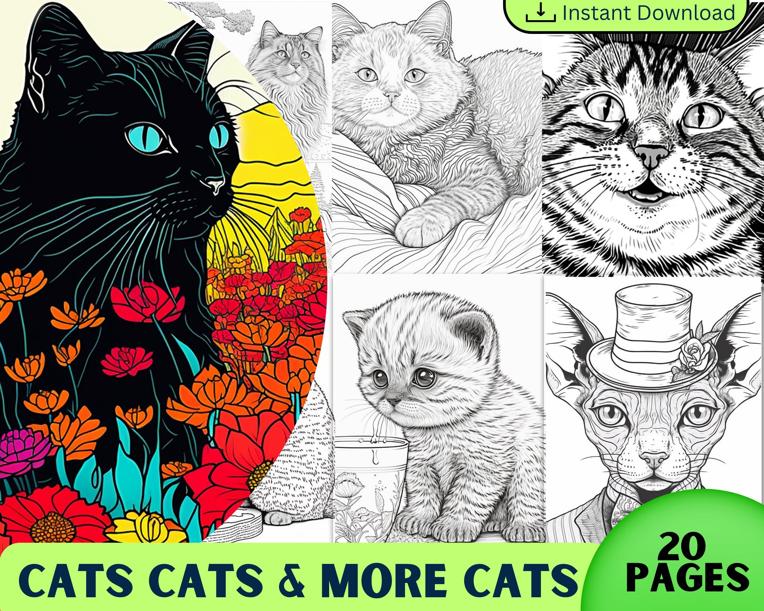 Cats Coloring Book Adults Kids Instant Download Grayscale - Etsy