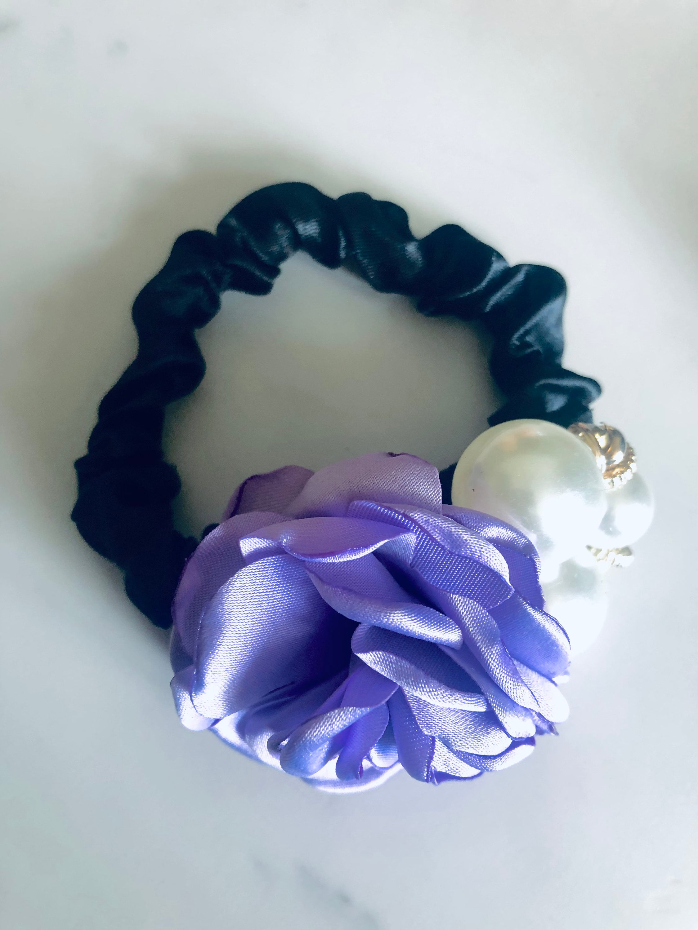 Ponytail Holder Satin Flower Hair Ties Faux Pearls and Satin Scrunchies ...