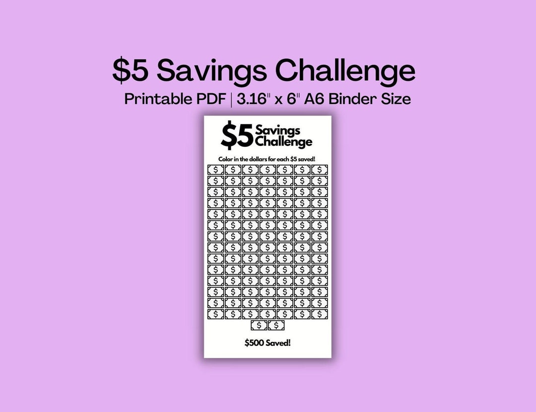 5 Dollar Savings Challenge | Printable PDF A6 Binder Size | Cash ...