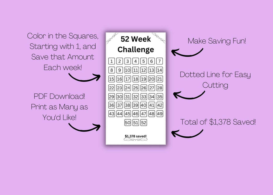 52 Week Savings Challenge Printable PDF - Etsy
