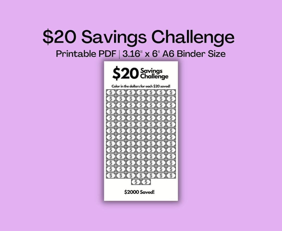 20 Dollar Savings Challenge | Printable PDF A6 Binder Size | Cash ...