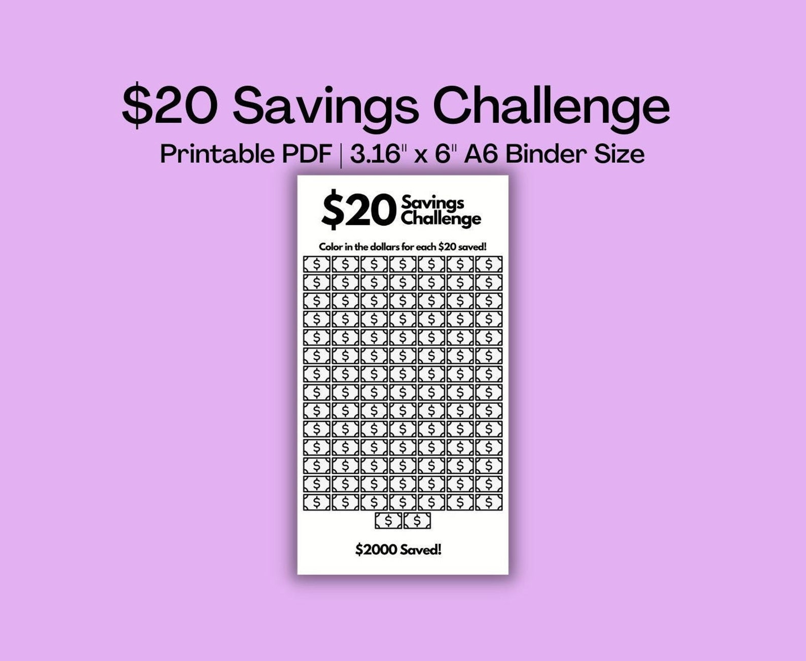 20 Dollar Savings Challenge | Printable PDF A6 Binder Size | Cash ...