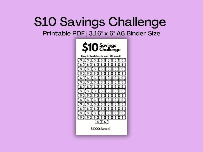 10 Dollar Savings Challenge | Printable PDF A6 Size | Cash Budgeting - Etsy