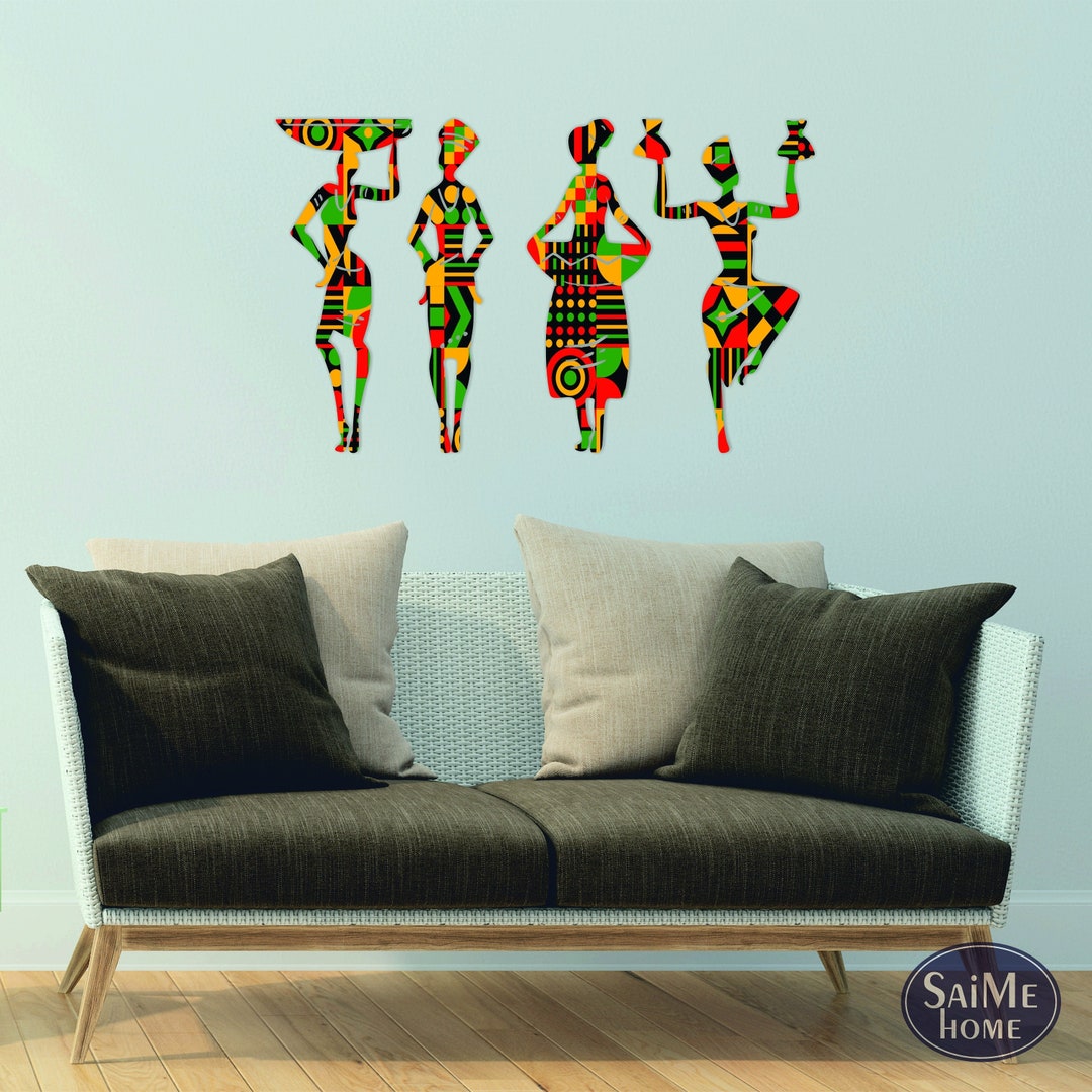 Set of 4 African Woman Wall Decoration, Ethnic Colored MDF Wall Art ...