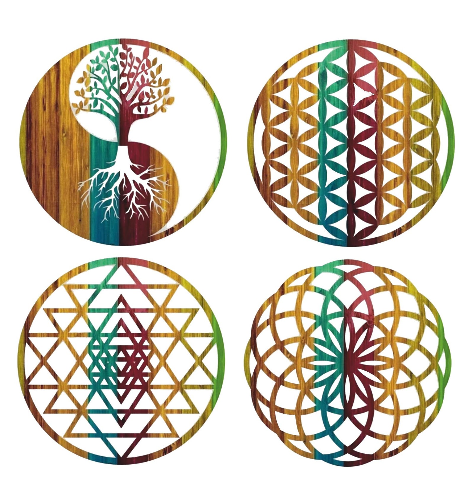 Sacred Geometry Wooden Wall Art, Flower of Life, Yin Yang Tree, Sri ...