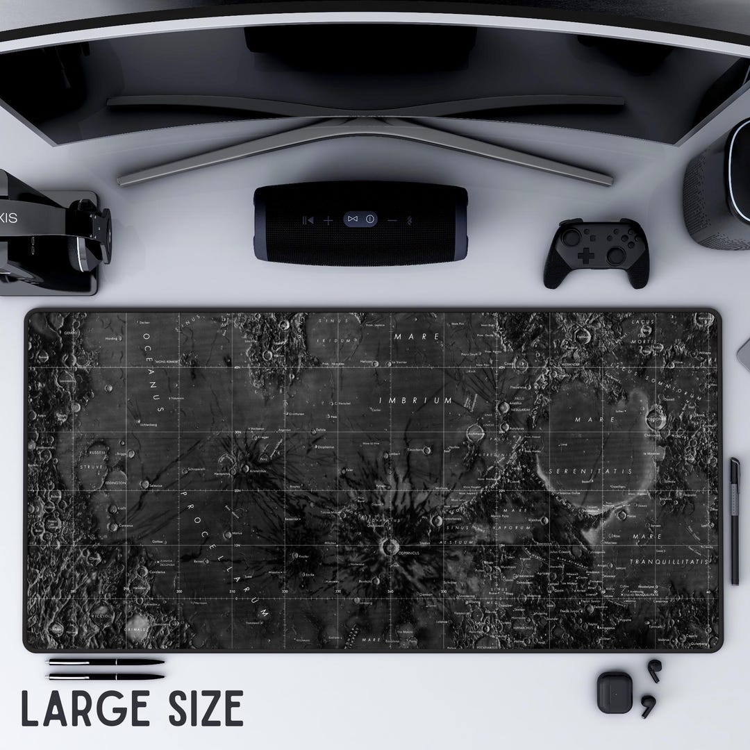 Moon Topographic Desk Mat, Accurate Moon Geography, Black Contour ...