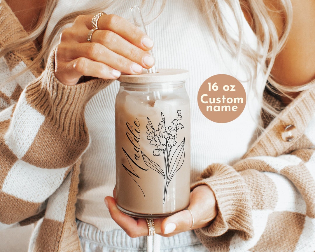Personalized Flower Glass, Birth Flower Cup, Custom Name Flower Tumbler ...