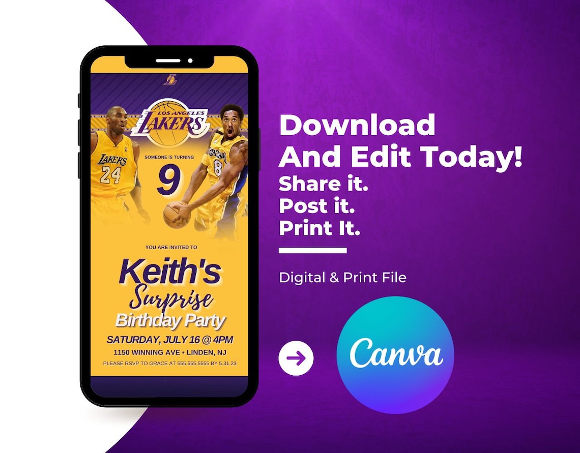 Lakers LA Birthday Invite Basketball Invitation Design Edit With Canva Digital Mobile NBA Kobe ...